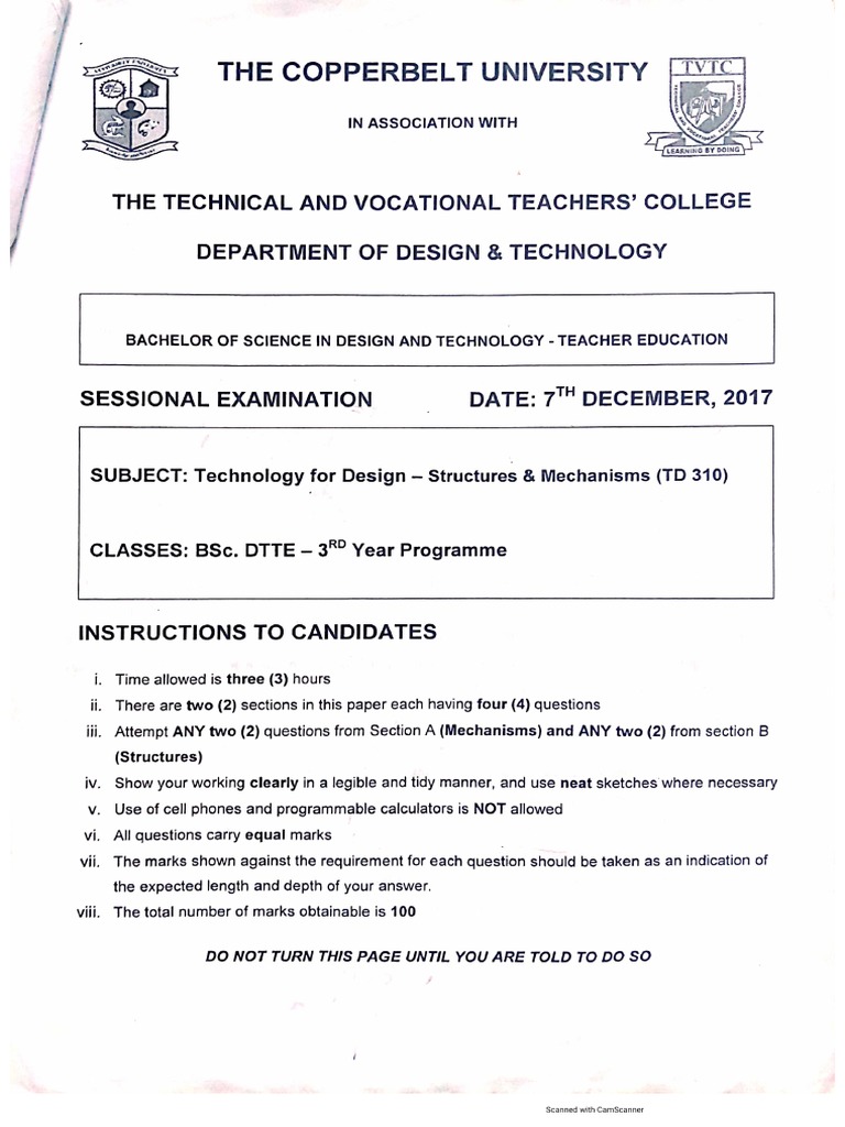 TD - Mechanisms and Structures Exam Papers 2017-2020 | PDF