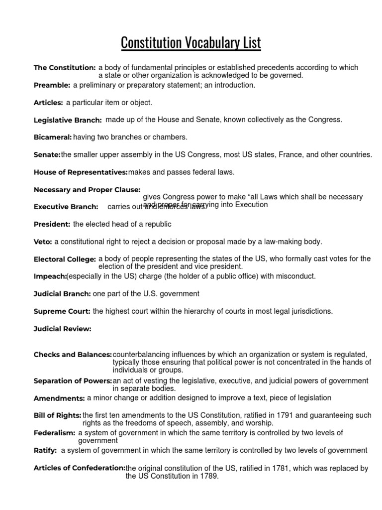 Constitution Vocabulary Words | PDF | U.S. State | Federal Government ...