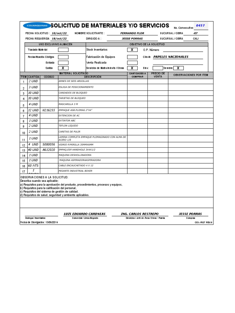 Solicitud de Materiales y Servicios | PDF