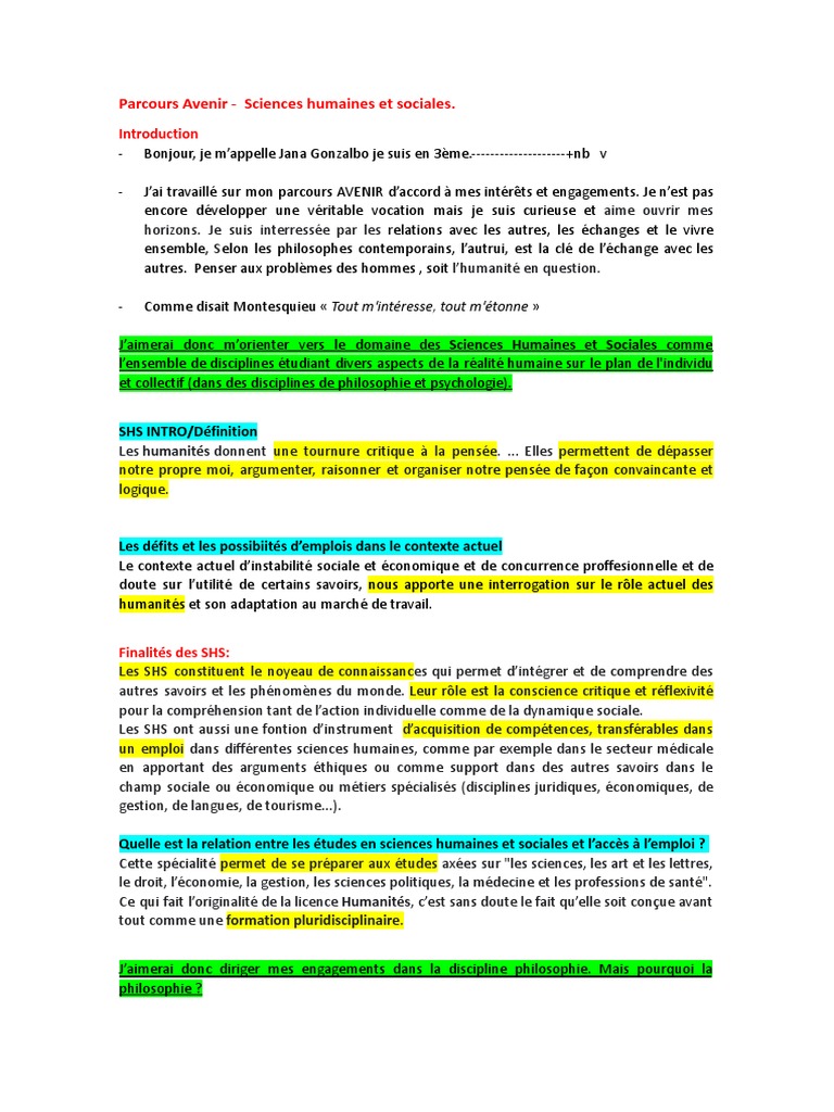 Parcours Avenir : Sciences Humaines et Sociales | PDF | Science ...