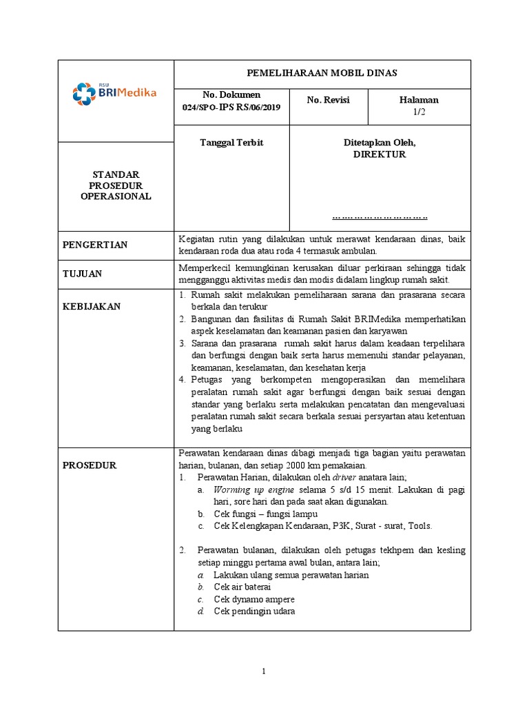 24 Sop Pemeliharaan Mobil Dinas | PDF