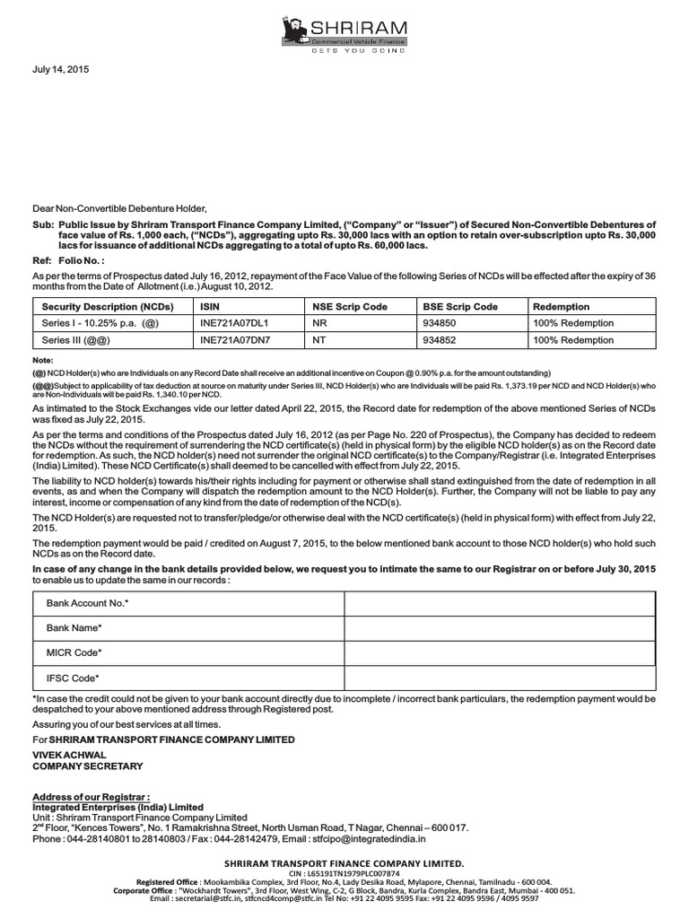 Shriram Transport Intimation Letter A4 | PDF | Payments | Banks