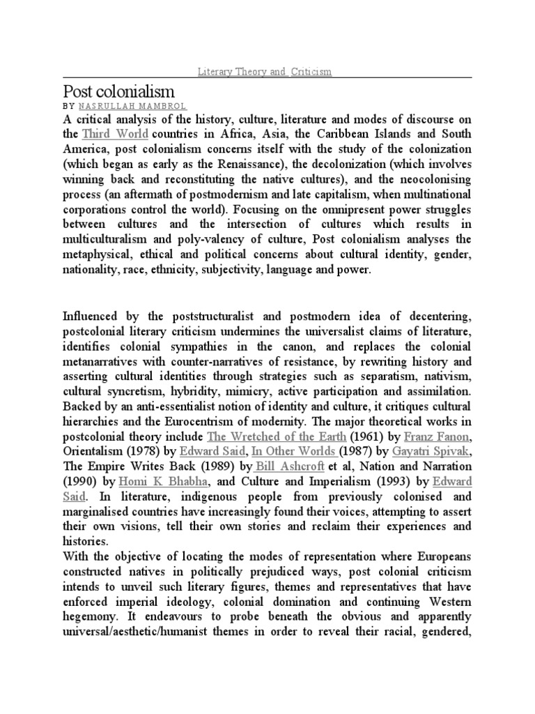 Postcolonial Literary Theory in 40 Characters | PDF | Feminism | Gender ...
