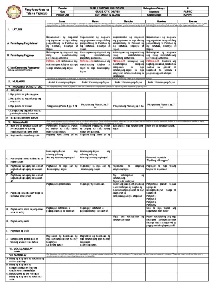 Filipino 8 - DLL Week 4 | PDF
