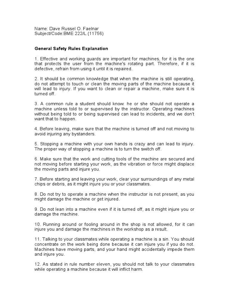 Workshop Safety Rules and Precautions | PDF