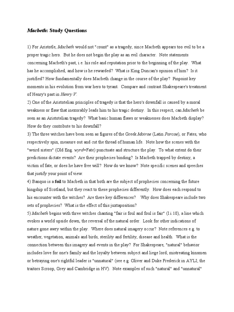 Macbeth: Study Questions | PDF | Macbeth | Tragedy
