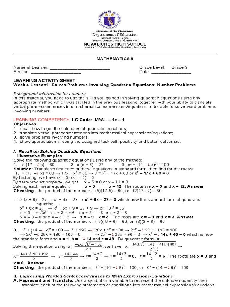 Week 4 Math 9 4 Lessons On Solving Quadratic Equations | PDF | Area | Equations