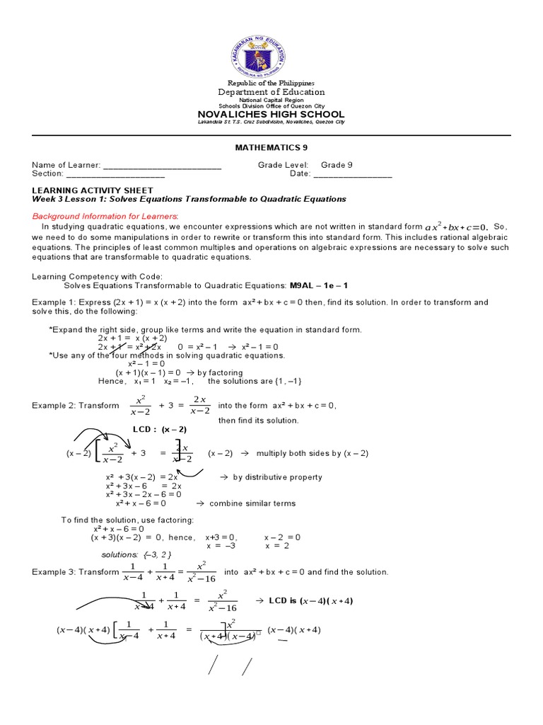 Week 3 Math 9 1 Lesson On Transformable Equations | PDF | Equations | Quadratic Equation