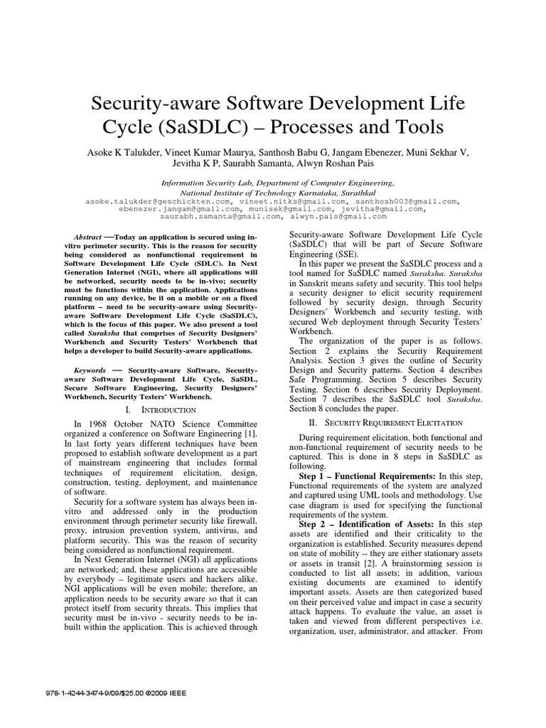Security Aware Software Development Life Cycle Sasdlc Processes And Tools Pdf Security 