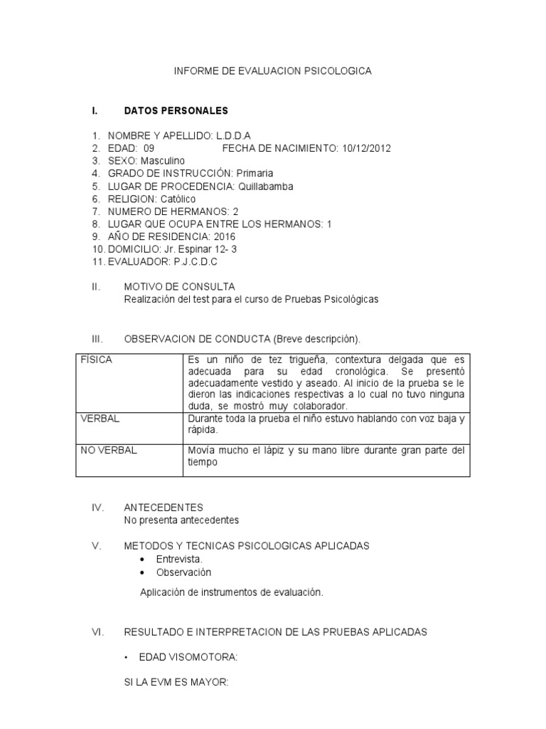 Informe Psicologico-1 | PDF | Sicología | Conceptos psicologicos
