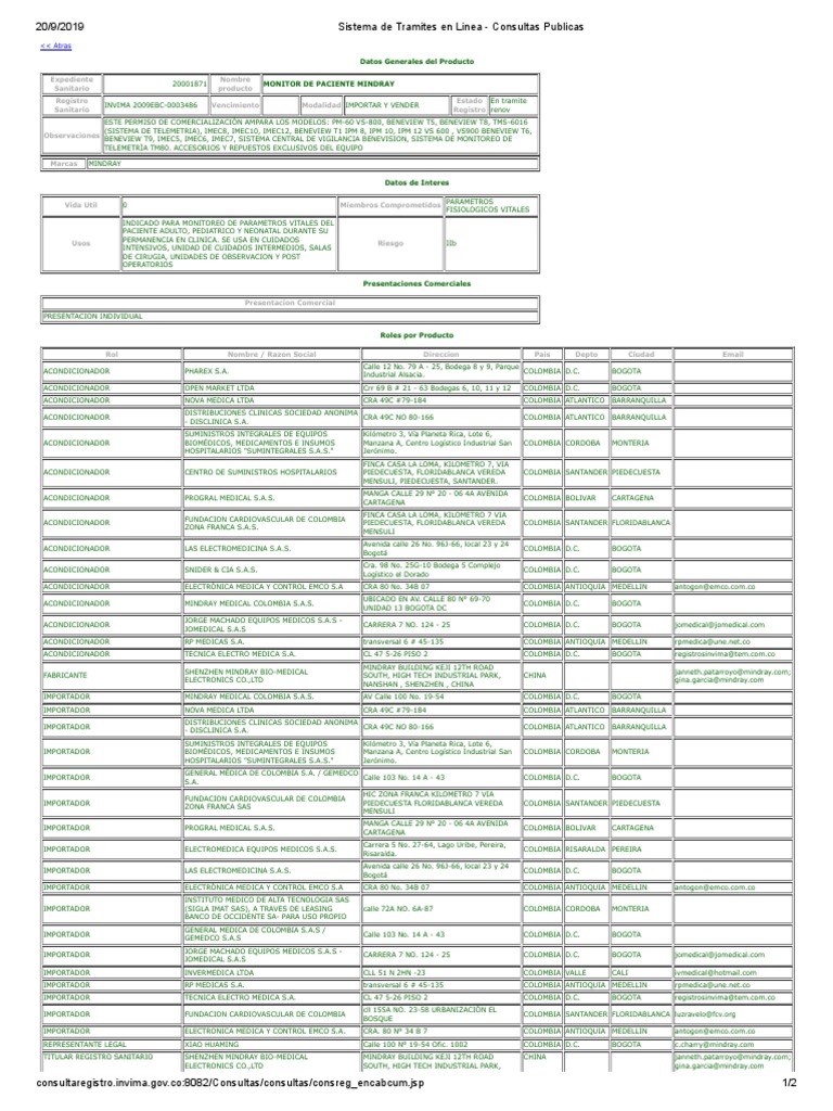 Invima Monitor Mindray Imec8 | PDF | Colombia