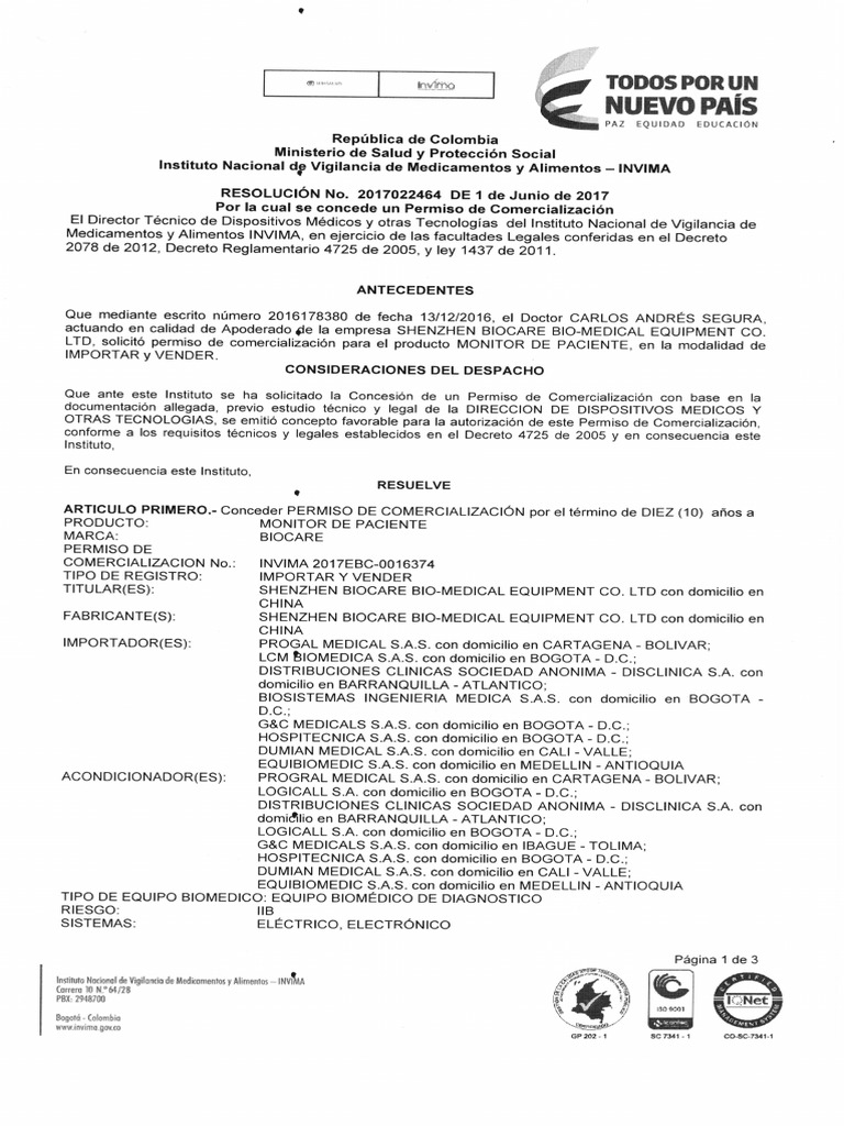 Invima Monitor Basico Biocare Im8 | PDF