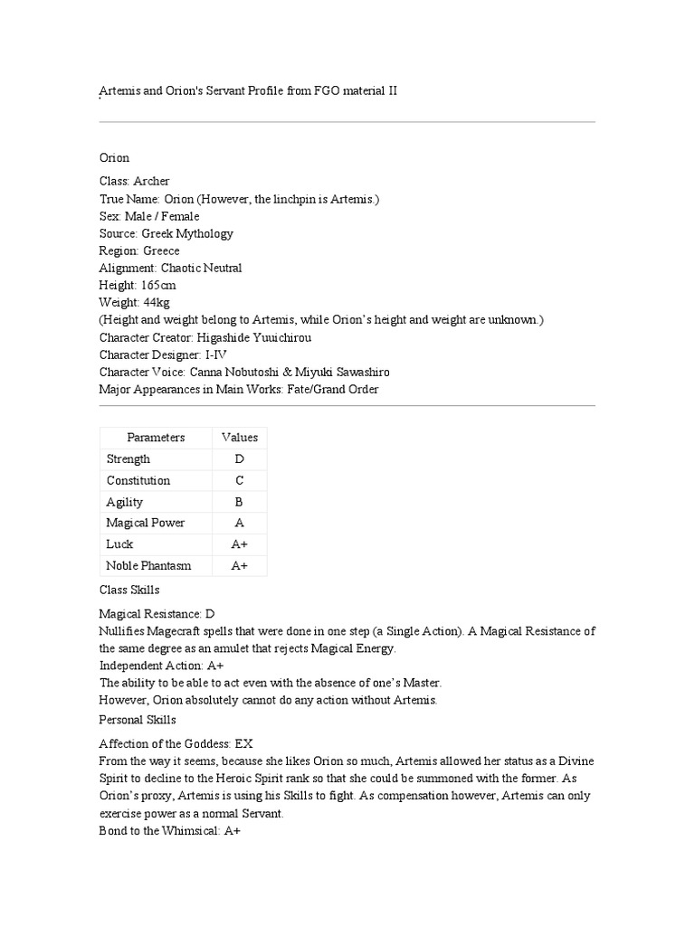 Artemis and Orion's Servant Profile Material FGO II | PDF | General Fiction