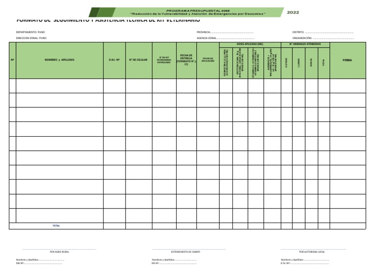Formato de Seguimiento y Asistencia Tecnica de Kit Veterinario 2022 | PDF
