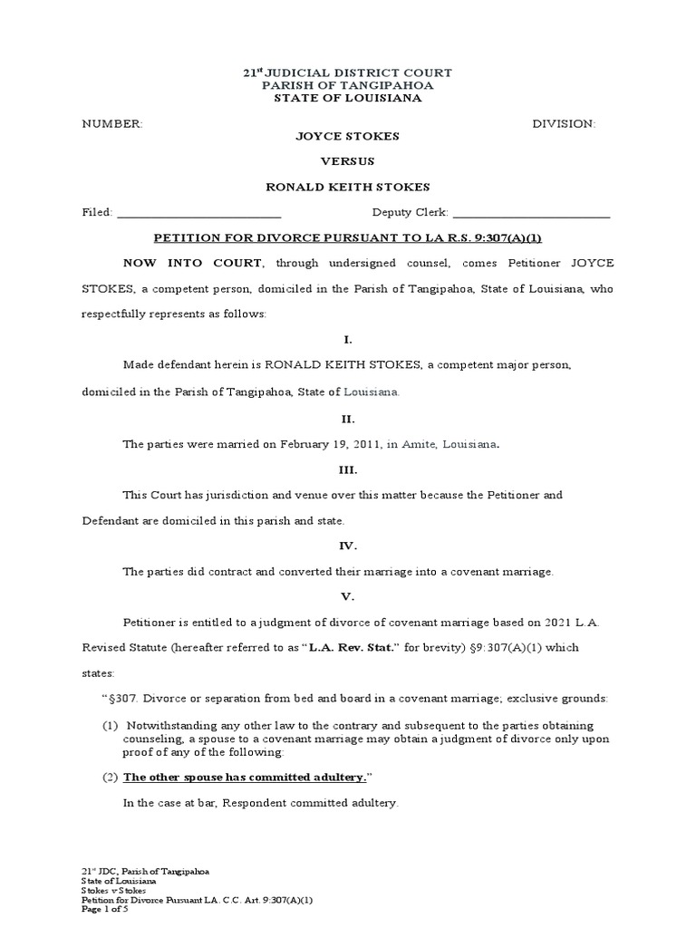 Petition For Divorce Pursuant To 2011 L.A. Revised Statute S9.307 (A ...
