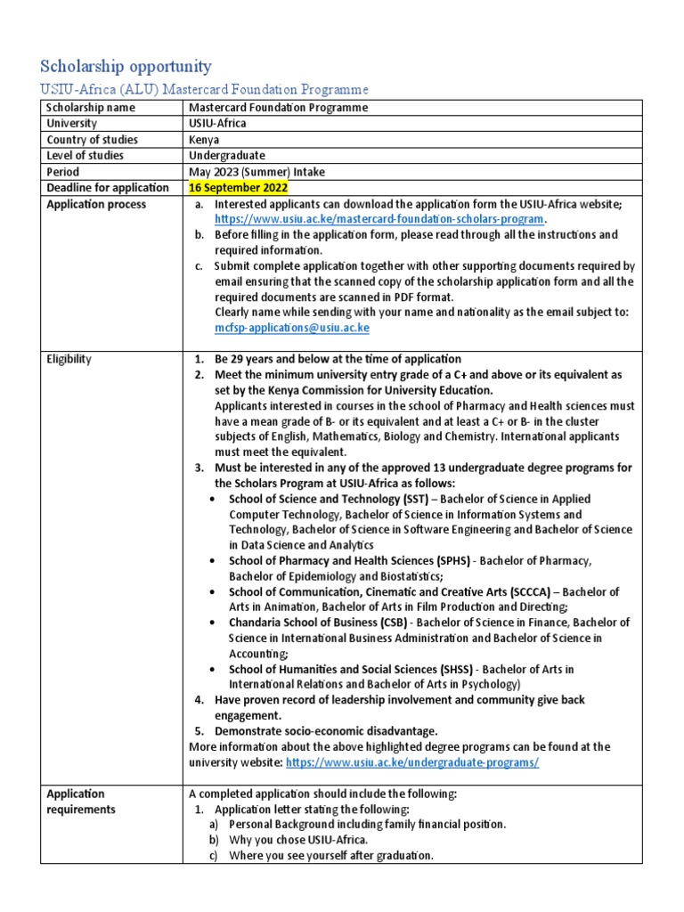 2022.09.16 - Scholarship - USIU (Mastercard Program) | Download Free ...