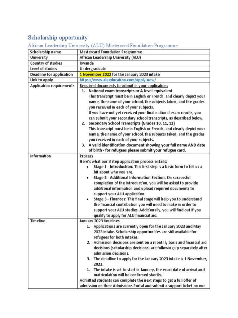 2022.11.01 - Scholarship - ALU (Mastercard Program) | PDF | University ...