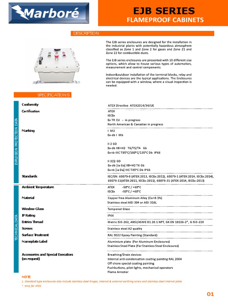 EJB Series Flameproof Cabinets Specs | PDF | Stainless Steel | Chemistry