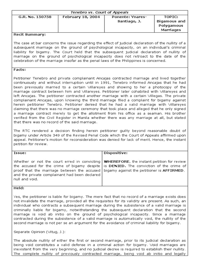 Tenebro vs. Court of Appeals | PDF | Annulment | Marriage