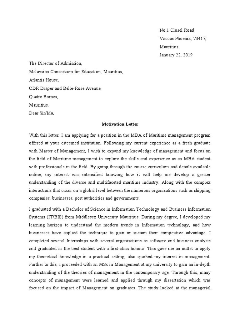 Motivational Letter | PDF | Master Of Business Administration