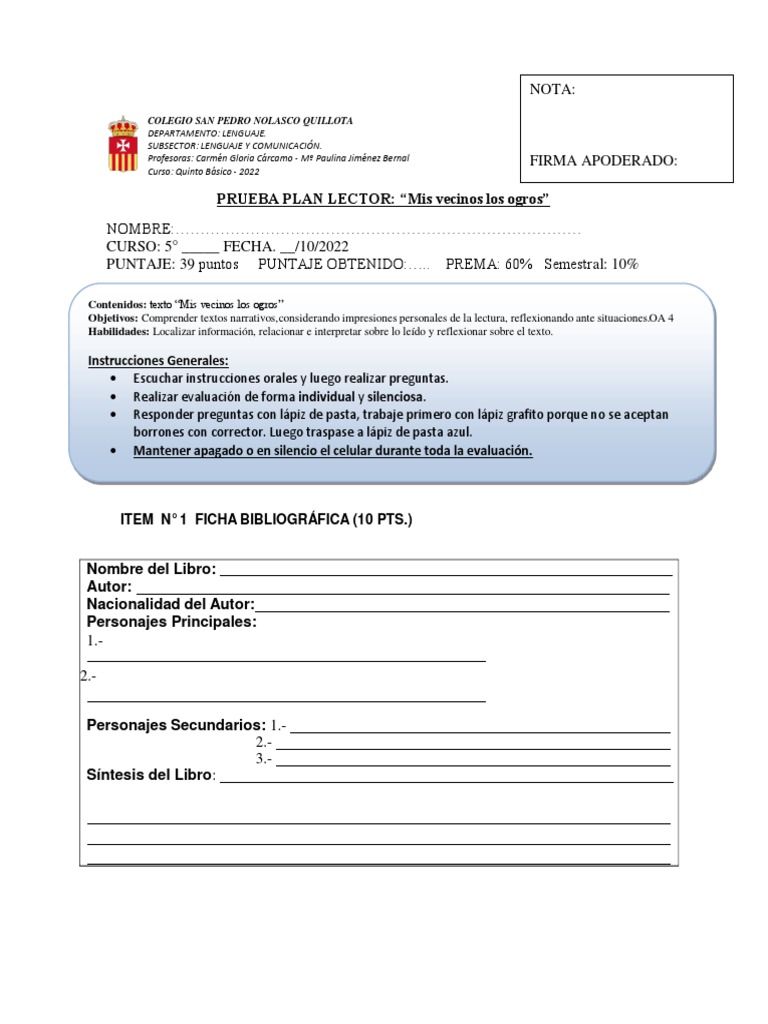 Evaluación Plan Lector 5° Básico Mis Vecinos Los Ogros | PDF | Juegos y actividades