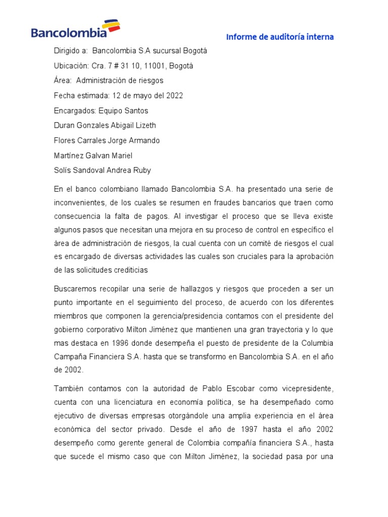 EV3 Bancolombia Eq. SANTOS | PDF | Auditoría | Bancos