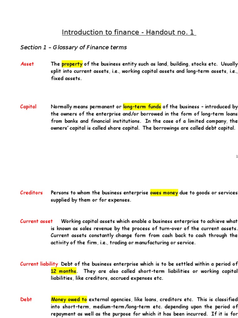 Finance Terms Glossary Overview | PDF | Financial Capital | Expense