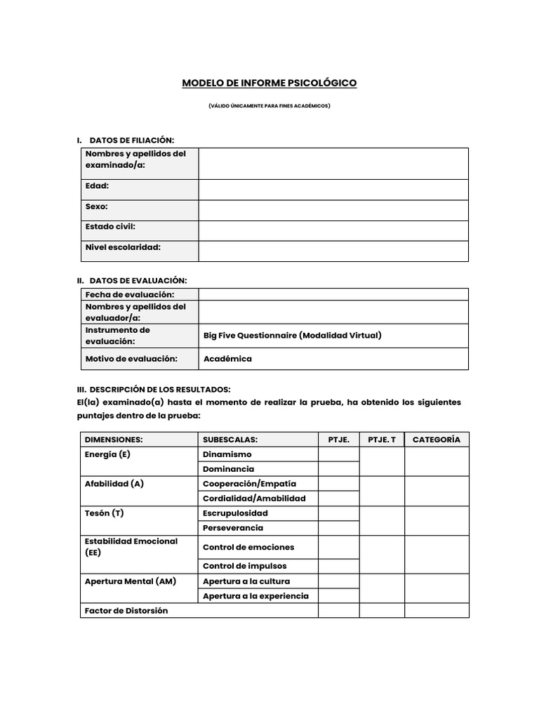 Modelo De Informe Psicológico Word Pdf Crecimiento Personal Y