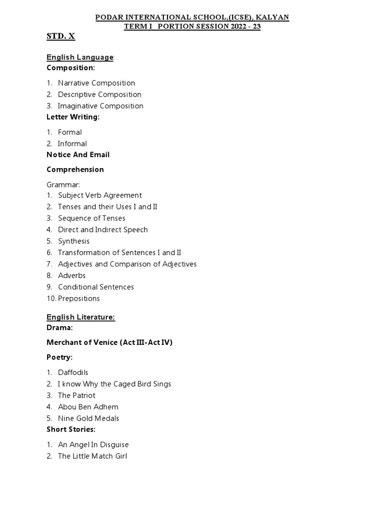 ICSE Term I Portion 2022-23 | PDF | English Language | Equations
