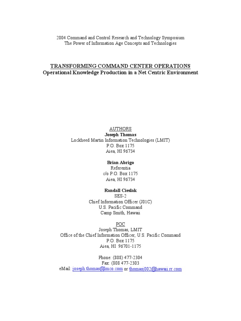 Transforming Command Center Operations Operational Knowledge Production ...