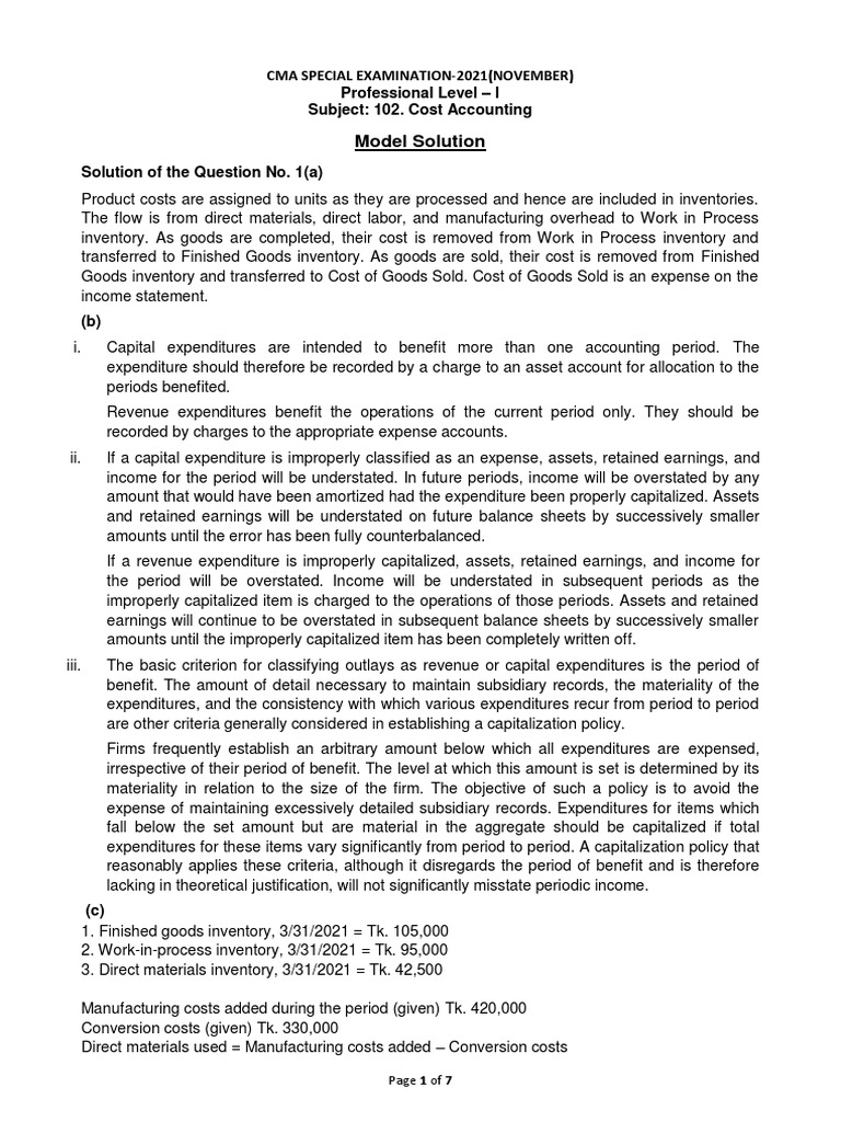 102.COA PL I Solution CMA Special Examination 2021november | PDF | Expense | Inventory