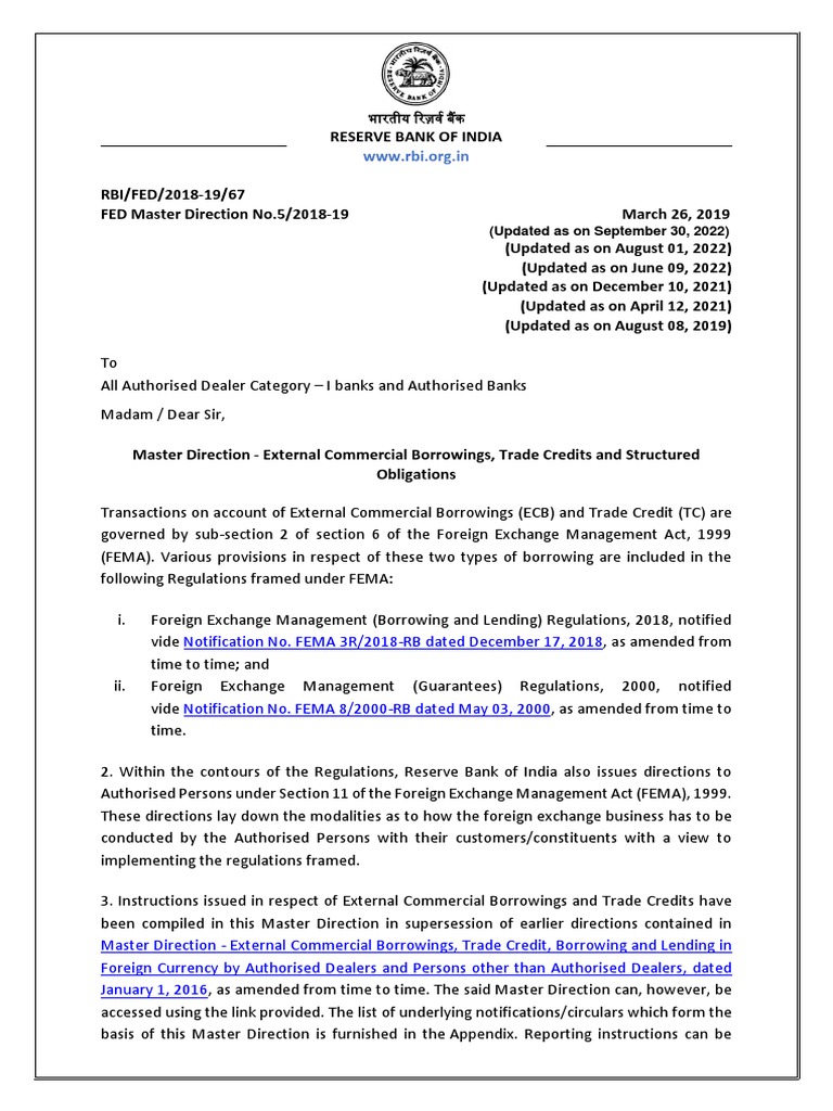 ECB and Trade Credit Guidelines by RBI | PDF | Reserve Bank Of India ...