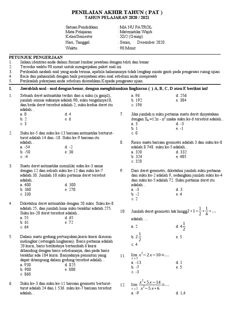 Soal PAT Matematika Wajib Kelas XI | PDF | Metode & Bahan Ajar