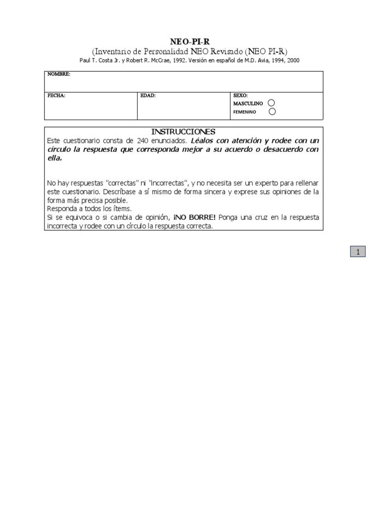 Cuestionario Neo Pi R | PDF | Sicología | Conceptos psicologicos