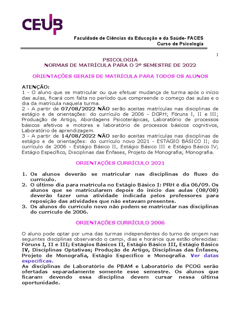 PSICOLOGIA Normas de Matri Cula 2 2022 | PDF | Psicologia | Pedagogia