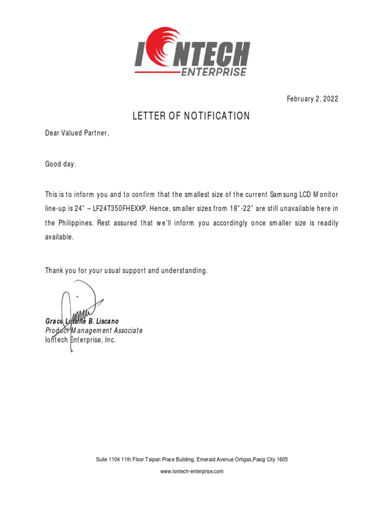 Letter of Notification Samsung LCD Monitor 020222 | PDF