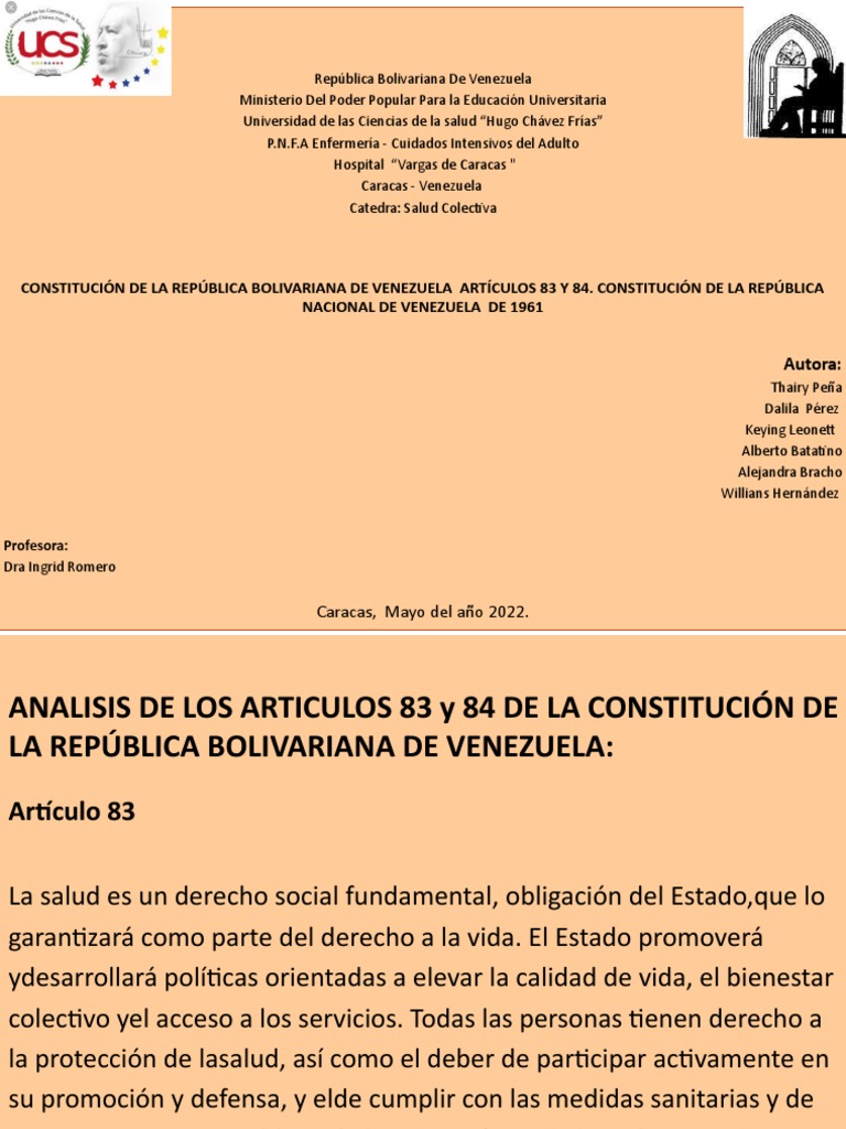Constitución de La República Bolivariana de Venezuela Artículos 83 Y 84 ...