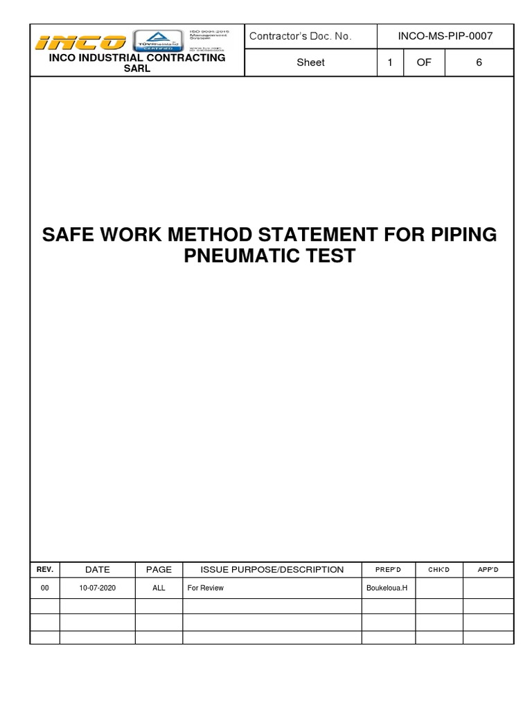 Safe Work Method for Pneumatic Testing | PDF | Pipe (Fluid Conveyance ...