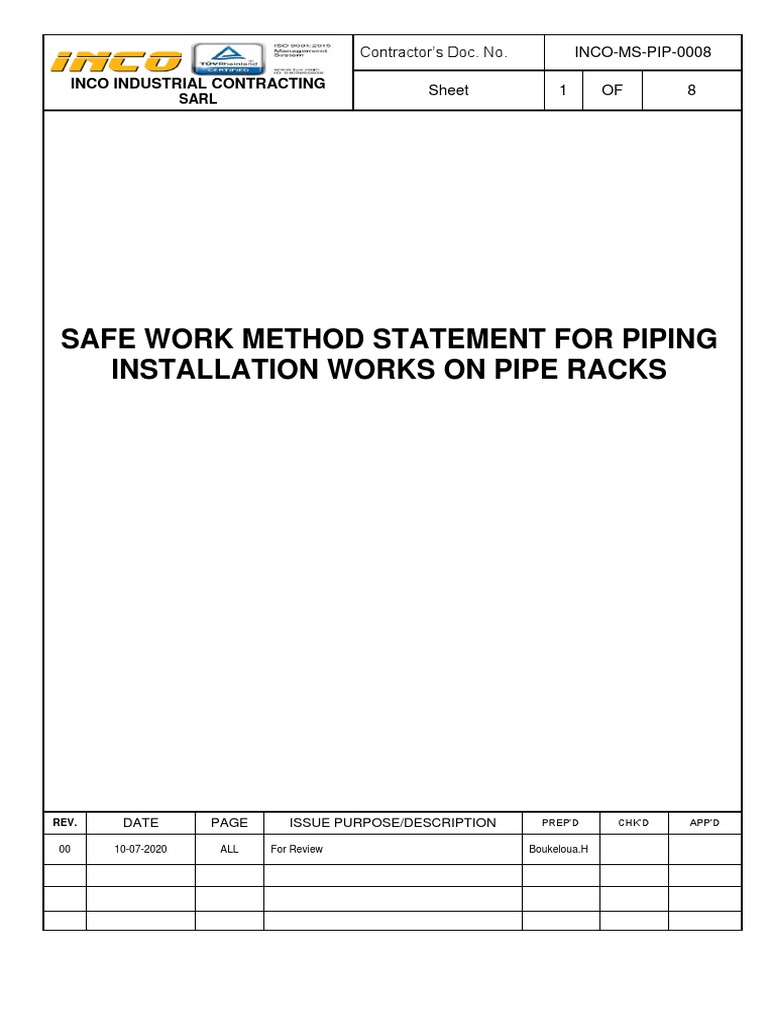Inco-Ms-Pip-0008-Safe Work Method Statement For Piping Installation ...