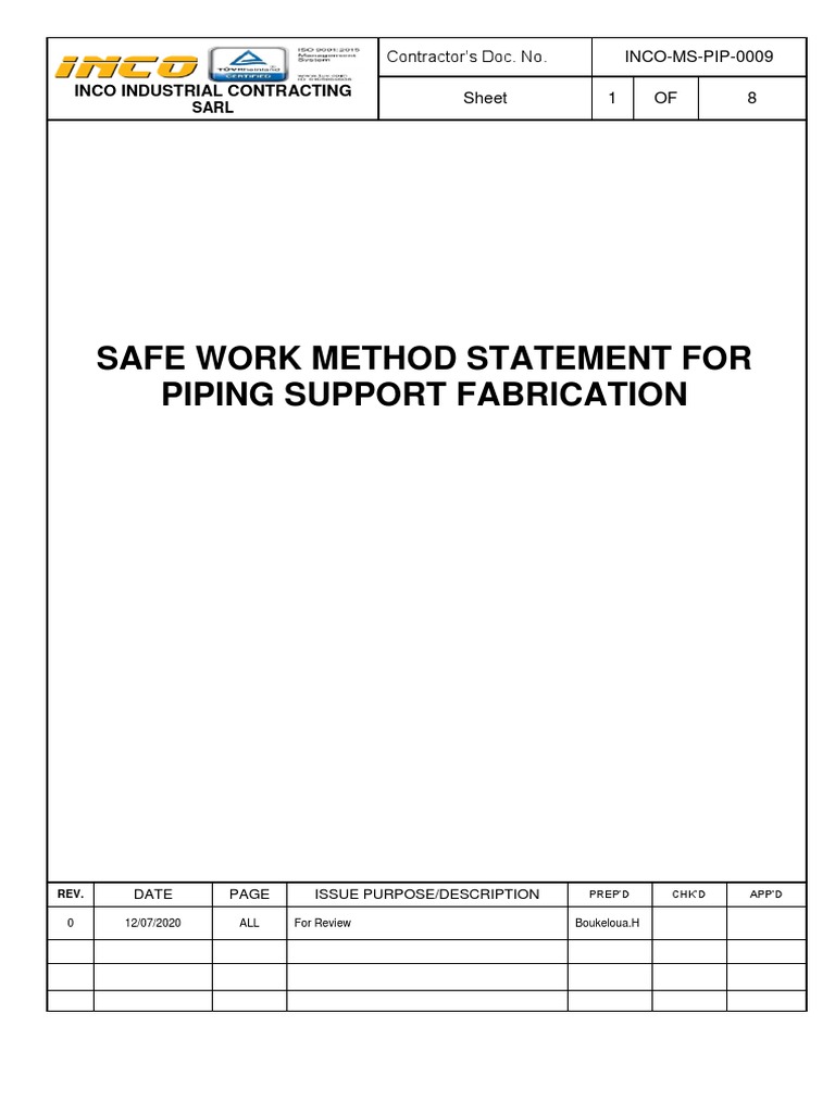 INCO-MS-PIP-0009-SAFE WORK Method Statement For Piping Support Fabrication | PDF | Pipe (Fluid ...