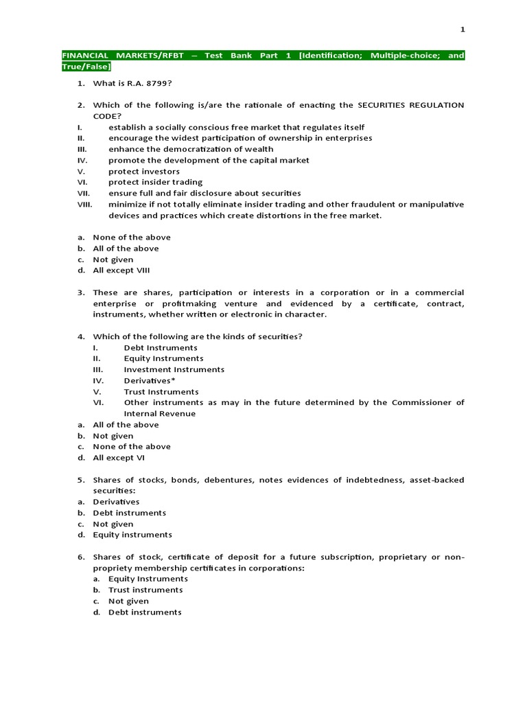 Financial Markets Test Bank 1 Pdf Securities Finance Banks