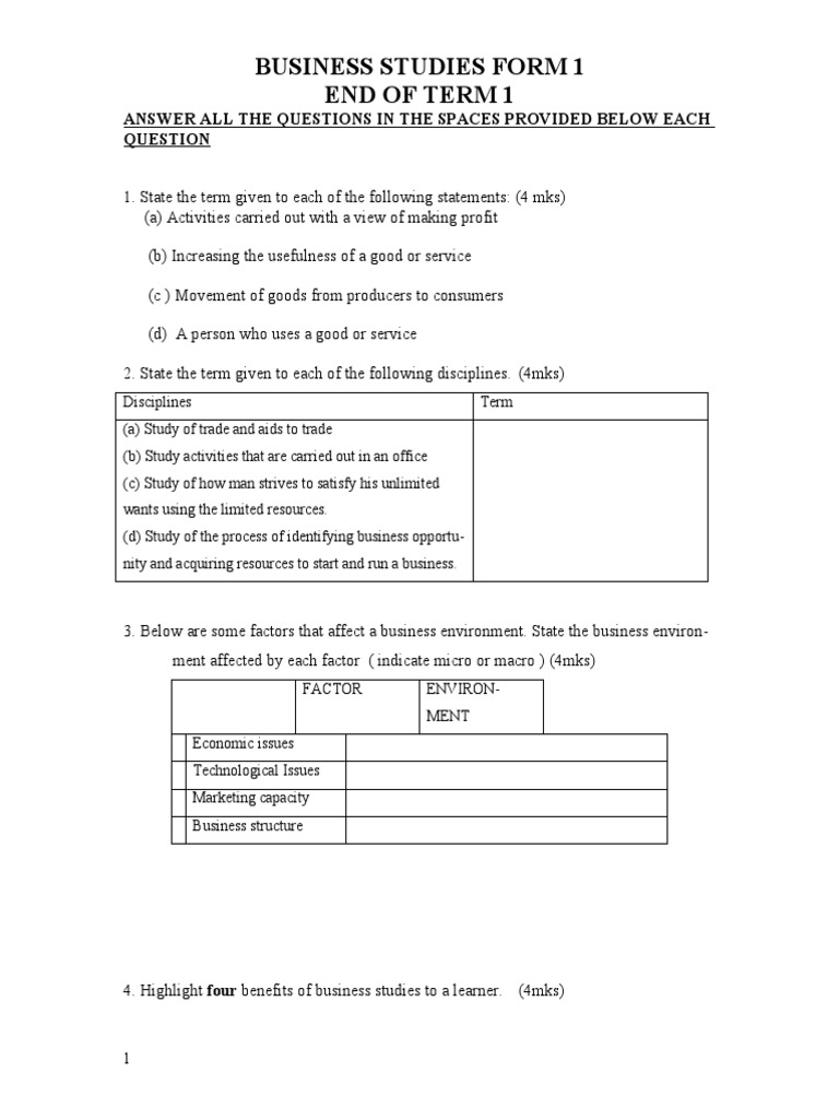 Business Studies Form 1 | PDF | Resource | Goods
