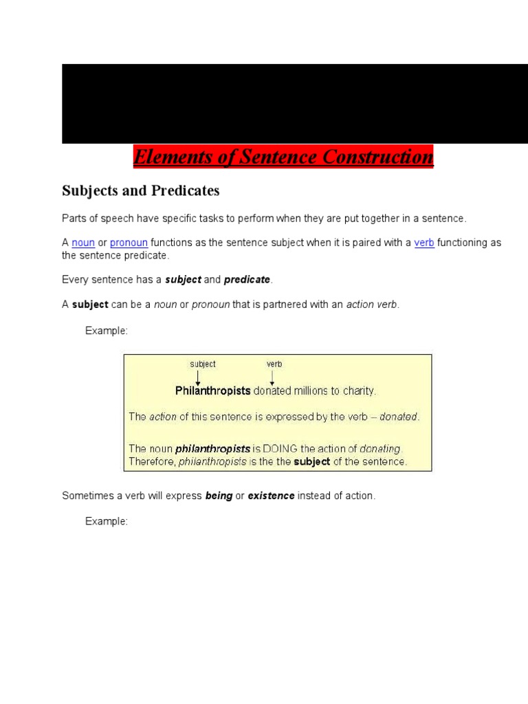 Elements of Sentence Construction | PDF | Subject (Grammar) | Verb