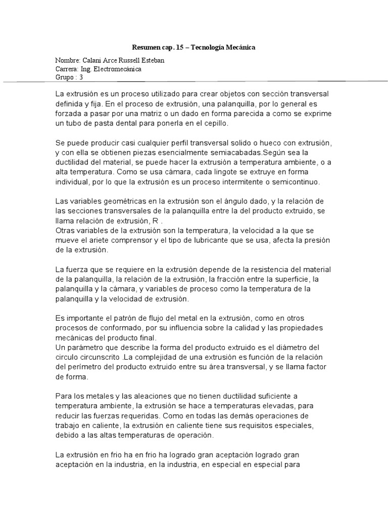Resumen Capitulo 12 Manufactura, Ingeniería y Tecnología | PDF | Extrusión | Ingeniería Química