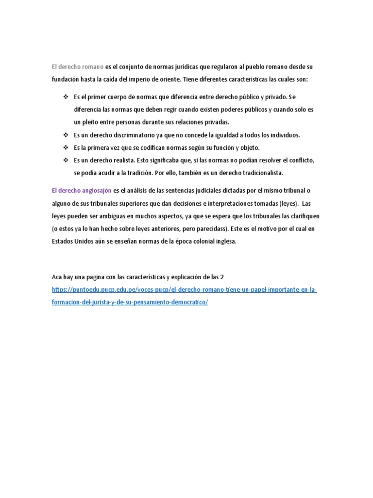 Características del Derecho Romano y Anglosajón | PDF
