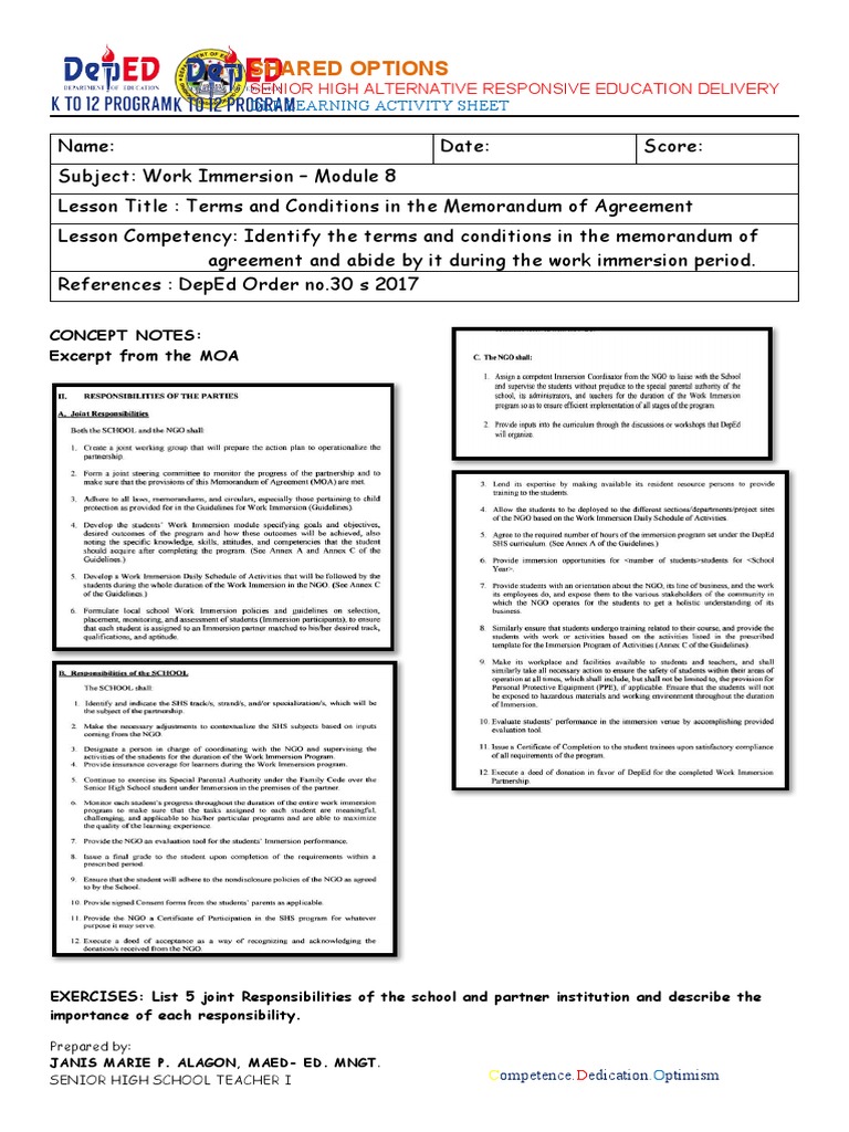 MOA Terms for Work Immersion | PDF | Career & Growth