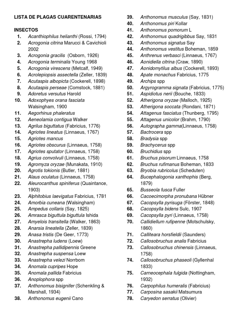 Lista de Plagas Cuarentenarias 2016 | PDF | Botany | Organisms
