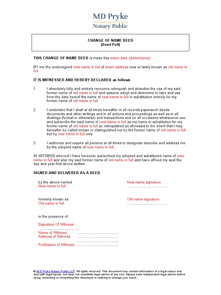 Free Legal Name Change by Deed Poll Download 1 | PDF | Notary Public ...