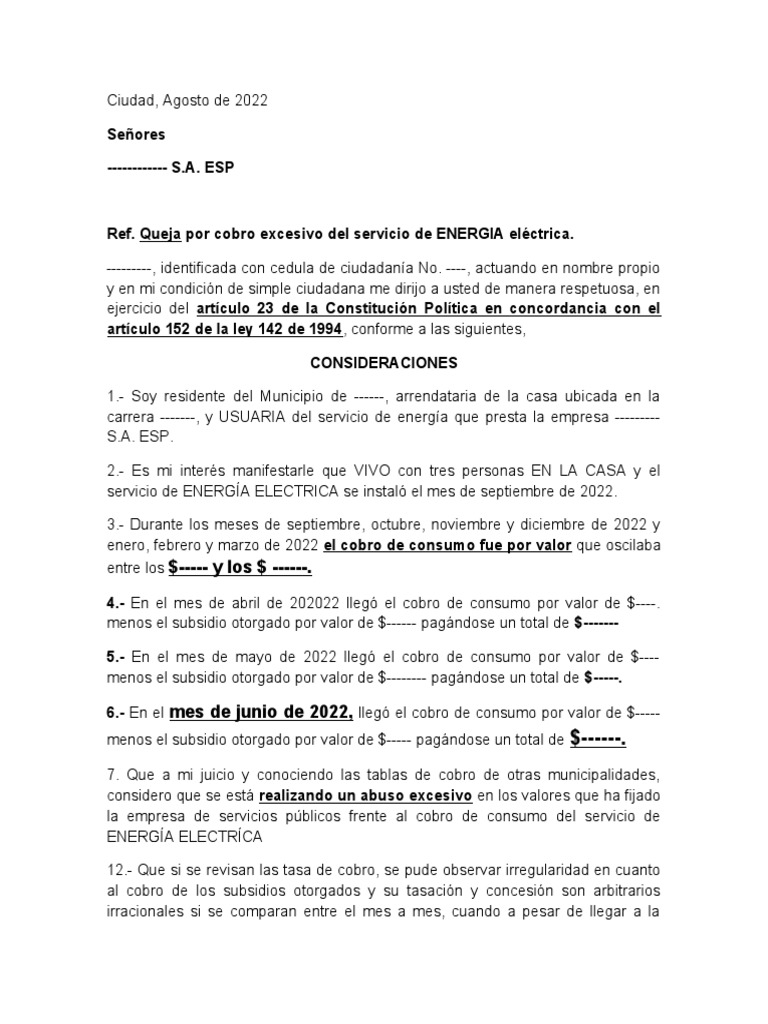 Modelo Queja de Empresa de Servicios Publicos | PDF | Subvención | Business