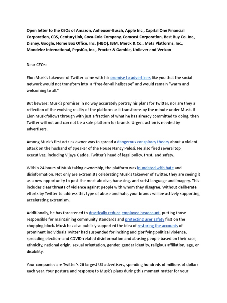 Coalition Open Letter To Twitter's Top 20 Advertisers | PDF